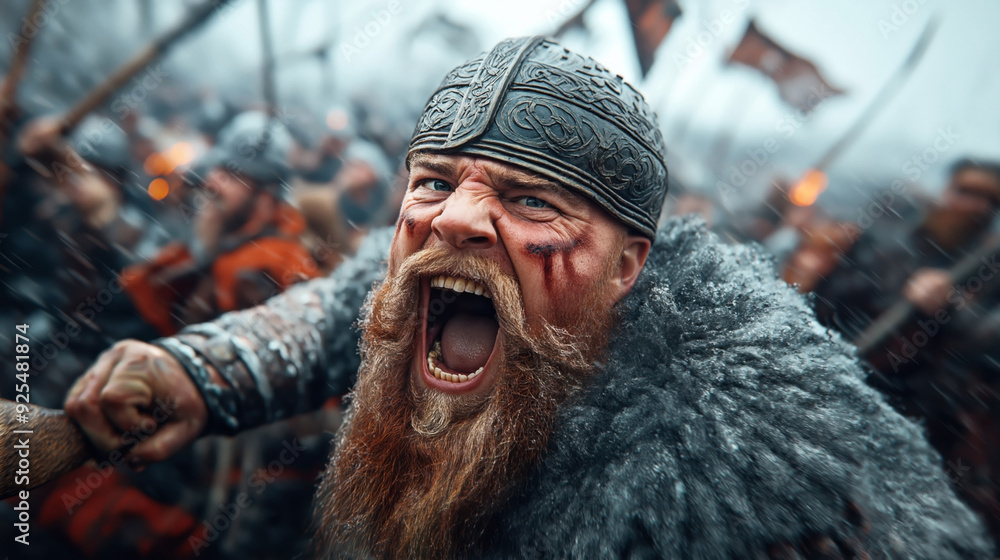 Shouting Viking warrior in traditional attire with a helmet and fur ...