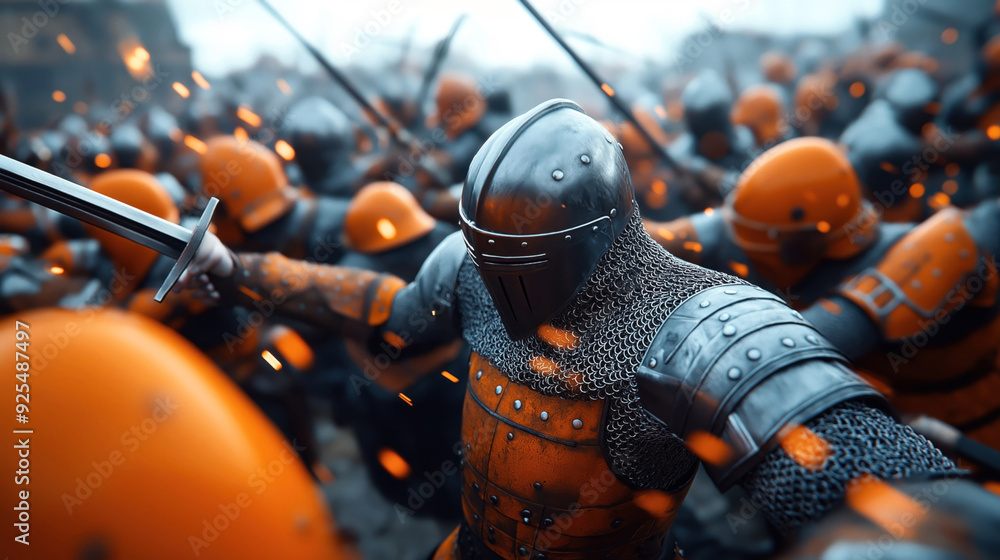 Medieval knights in full armor engaged in a close-combat battlefield scene, wearing helmets and ...