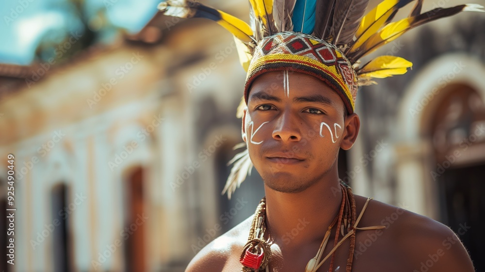 An indigenous man adorned with a feathered headdress and traditional ...