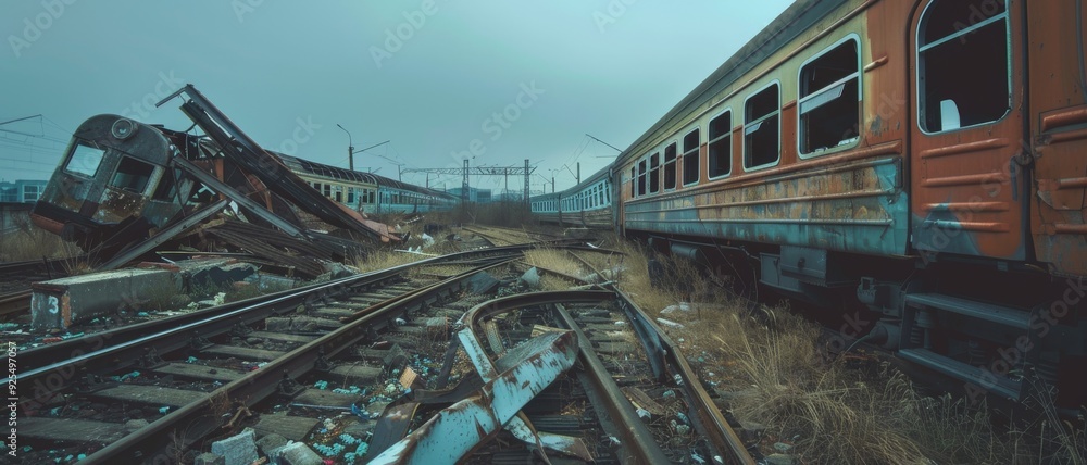 A derailed train lies on its side amidst overgrown tracks, capturing a ...
