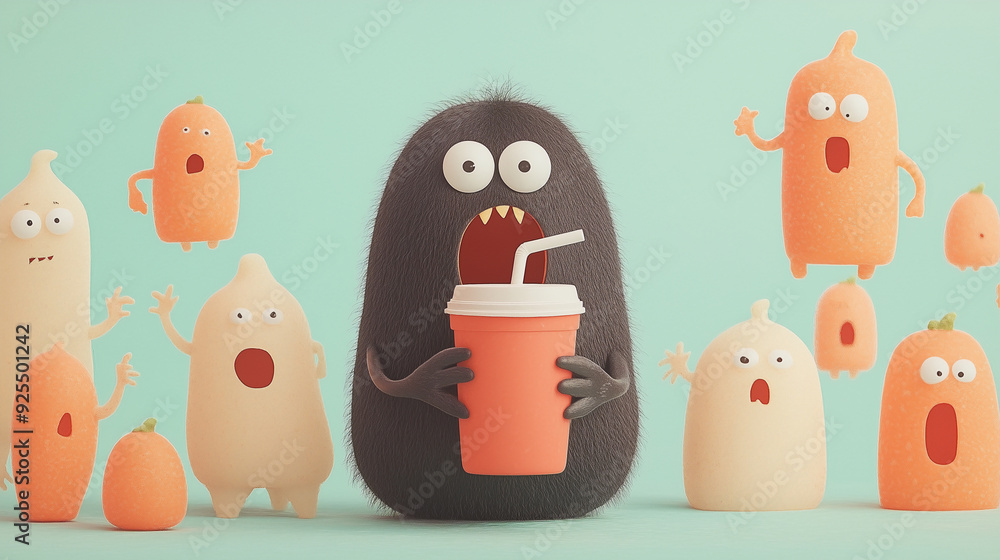 Cartoon monster drinking from a juice box with a surprised expression ...
