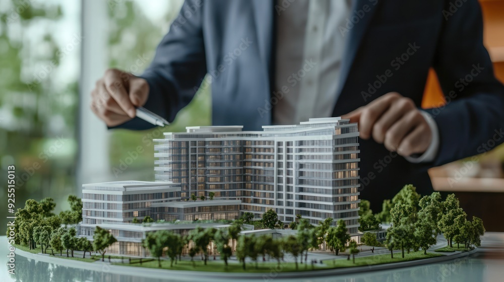 Real estate agent demonstrating a property layout using miniatur design ...