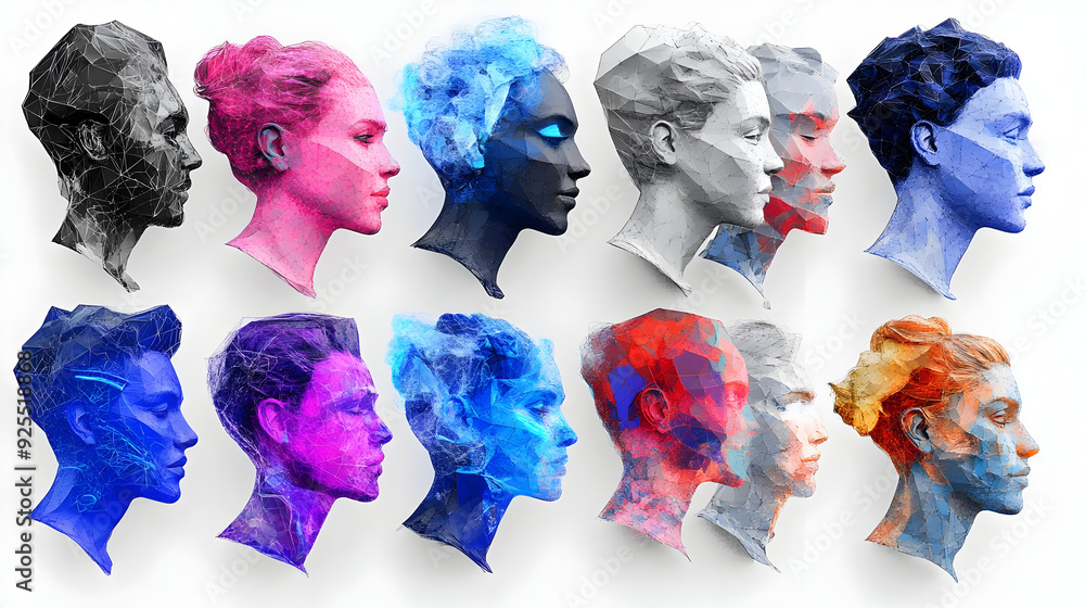 Collection of 12 abstract, polygonal faces in profile, rendered in ...