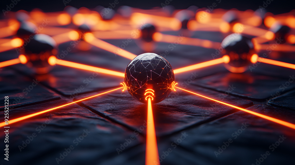 A futuristic network visualization with glowing nodes and laser lines ...