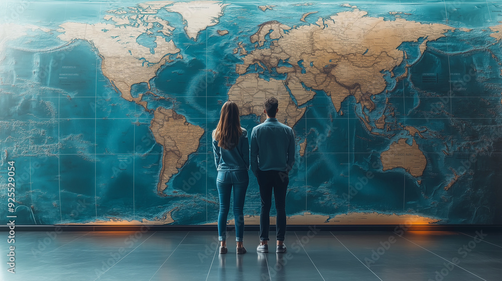 Office workers standing in front of a large world map, planning their ...