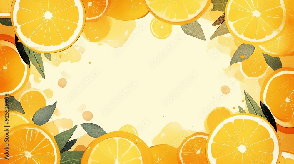 Orange Fruit Frame with Leaves and Watercolor Background, Featuring ...