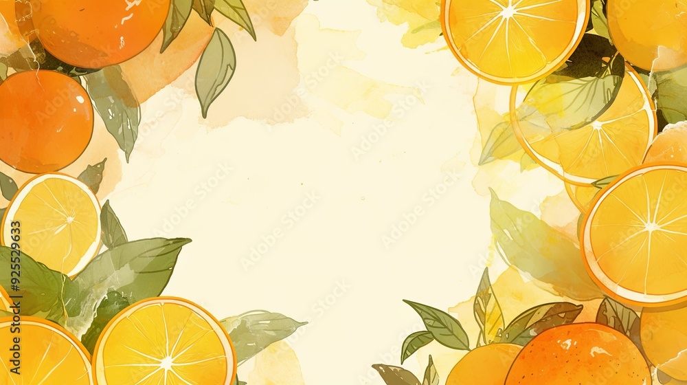 Orange Fruit Frame with Leaves and Watercolor Background, Featuring ...