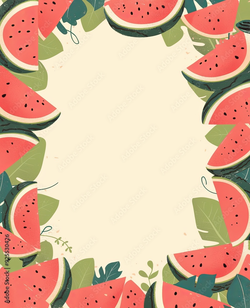 Cute Border with Watermelon Slices on Edges, Pastel Colors, and White ...