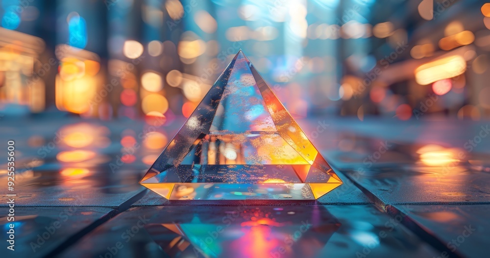 Glass pyramid with a reflection of a blurred sunset city lights in it ...