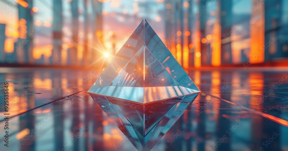 Glass pyramid with a reflection of a blurred sunset city lights in it ...