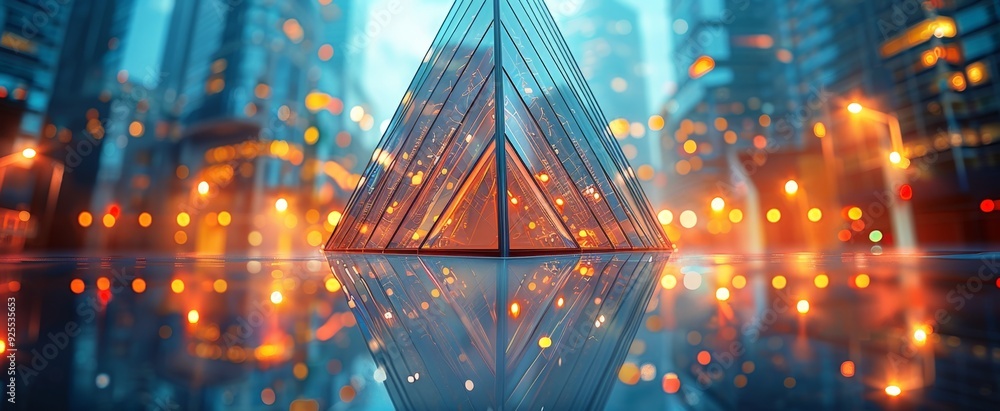 Glass pyramid with a reflection of a blurred sunset city lights in it ...