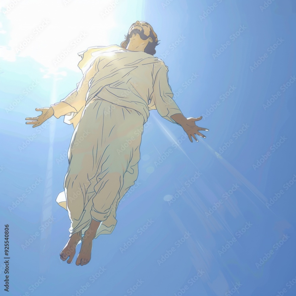 Jesus Christ is depicted ascending towards the heavens, enveloped in a ...