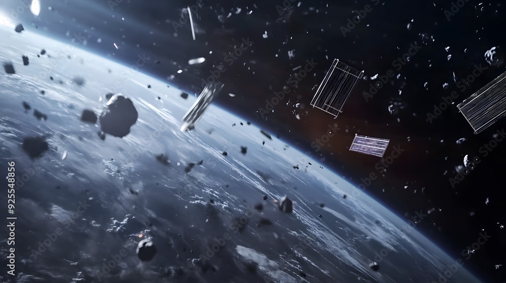 View of Space Debris Orbiting Earth, Featuring Satellite Wreckage and ...