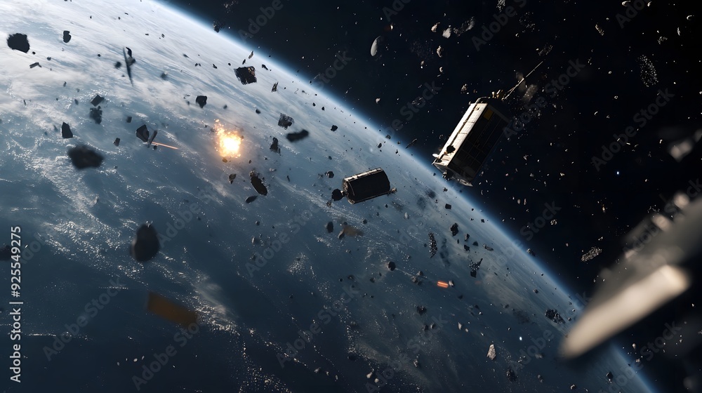 View of Space Debris Orbiting Earth, Featuring Satellite Wreckage and Rocket Fragments in Outer ...