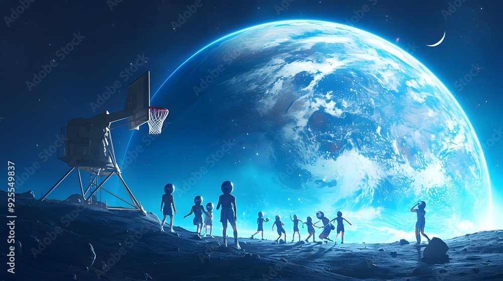 Lunar Basketball:: a surreal and futuristic scene of children playing ...