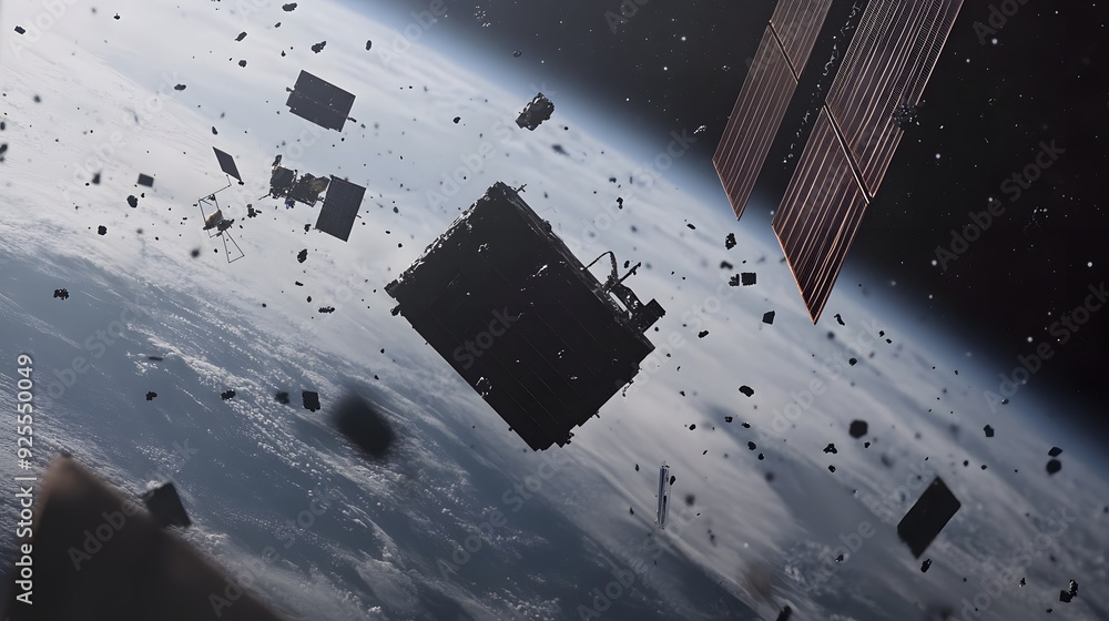 View of Space Debris Orbiting Earth, Featuring Satellite Wreckage and ...