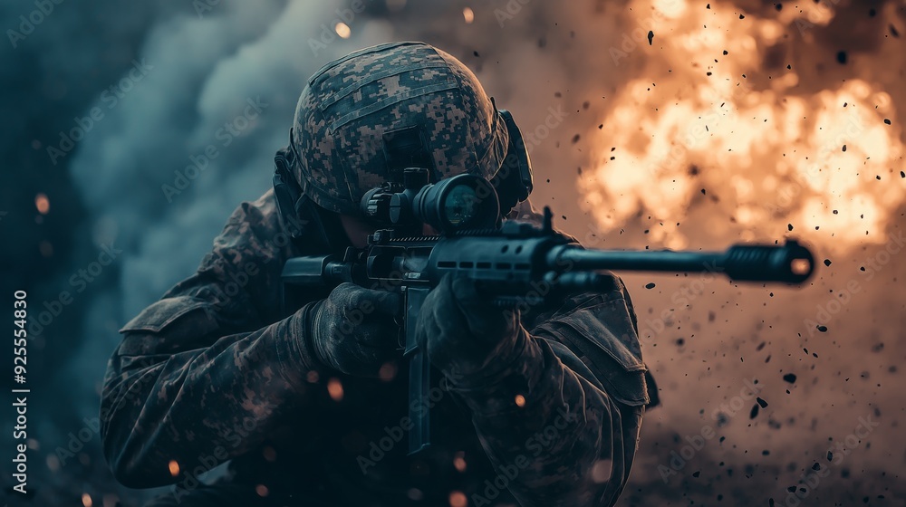 Man, soldier or sniper in position for war, battlefield and enemy in ...