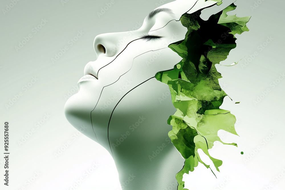 A woman's face is shown with green leaves and green paint splatters ...