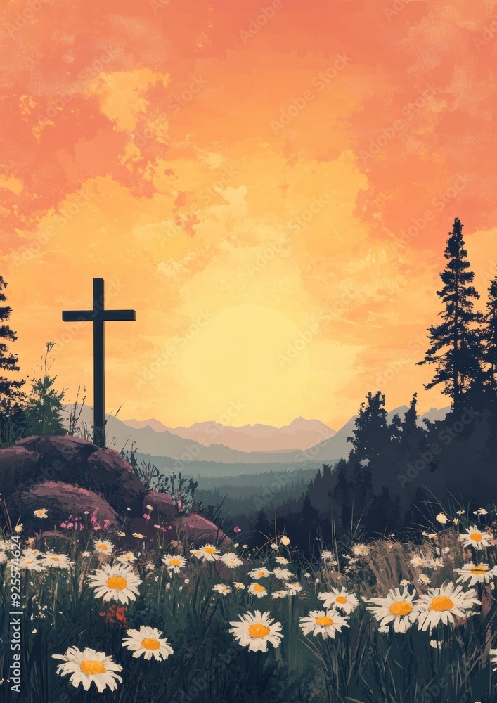 Christian cross in field. A beautiful concert landscape poster design ...