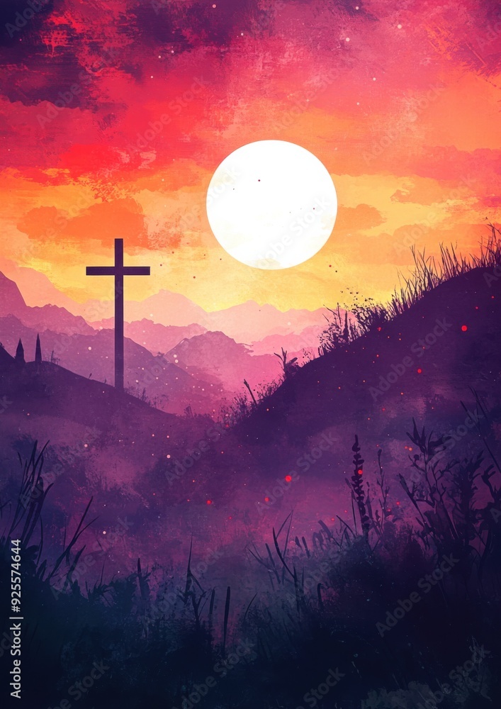 Christian cross in field. A beautiful concert landscape poster design ...