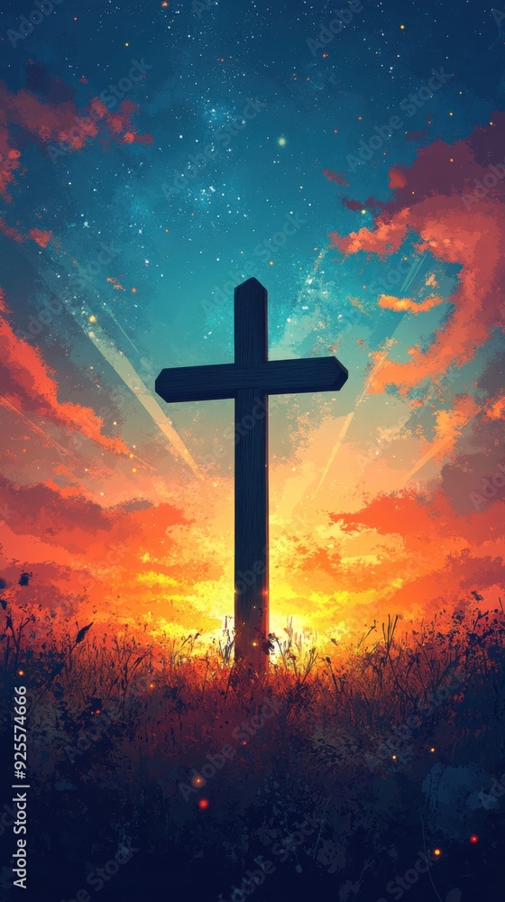 Christian cross in field. A beautiful concert landscape poster design ...