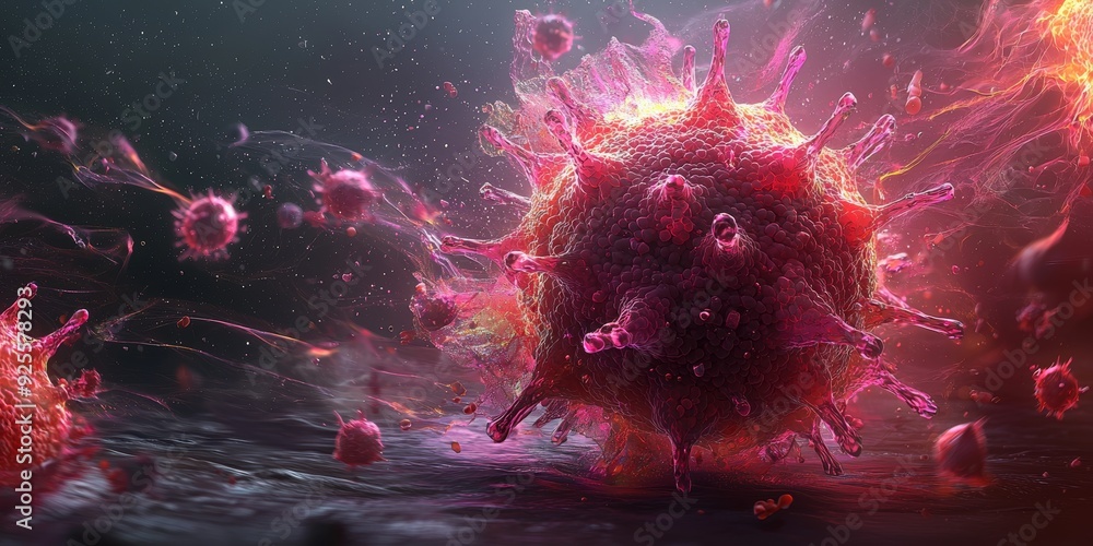 Surreal rendering of a microbial cell with spiky projections and a ...