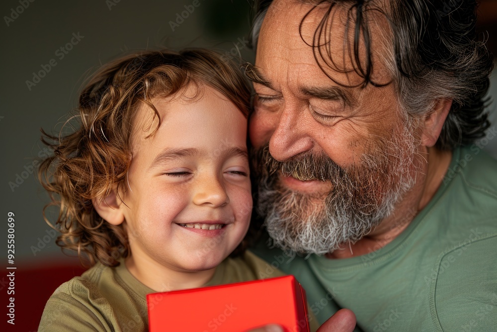 A Father Receiving A Gift Box From His Family At Home, Capturing A ...