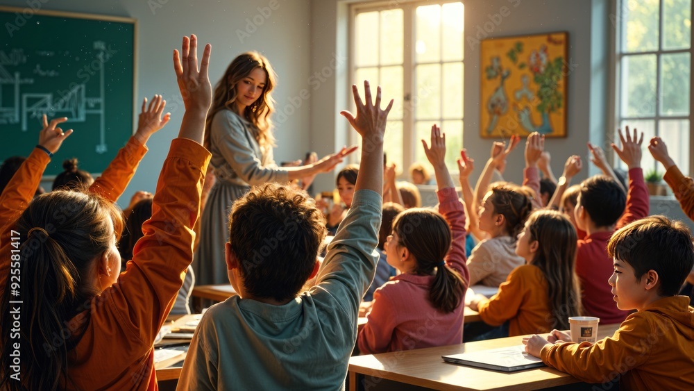 Education, question with group of children in classroom and raise their ...