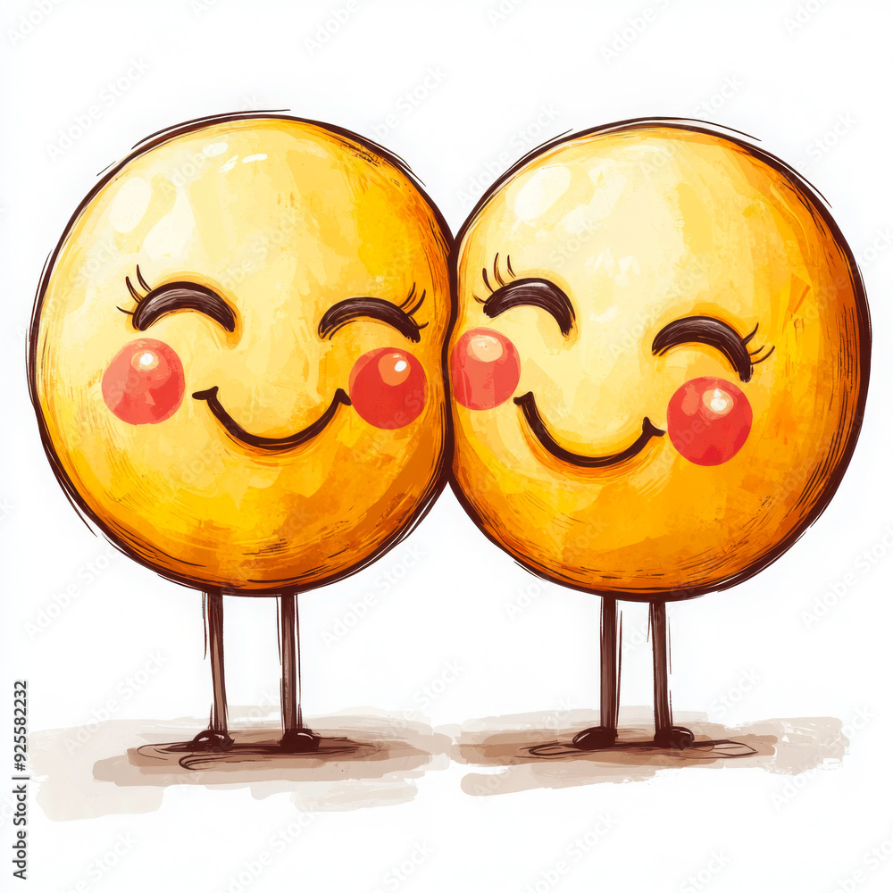Two yellow smiley faces with closed eyes and rosy cheeks, positioned ...