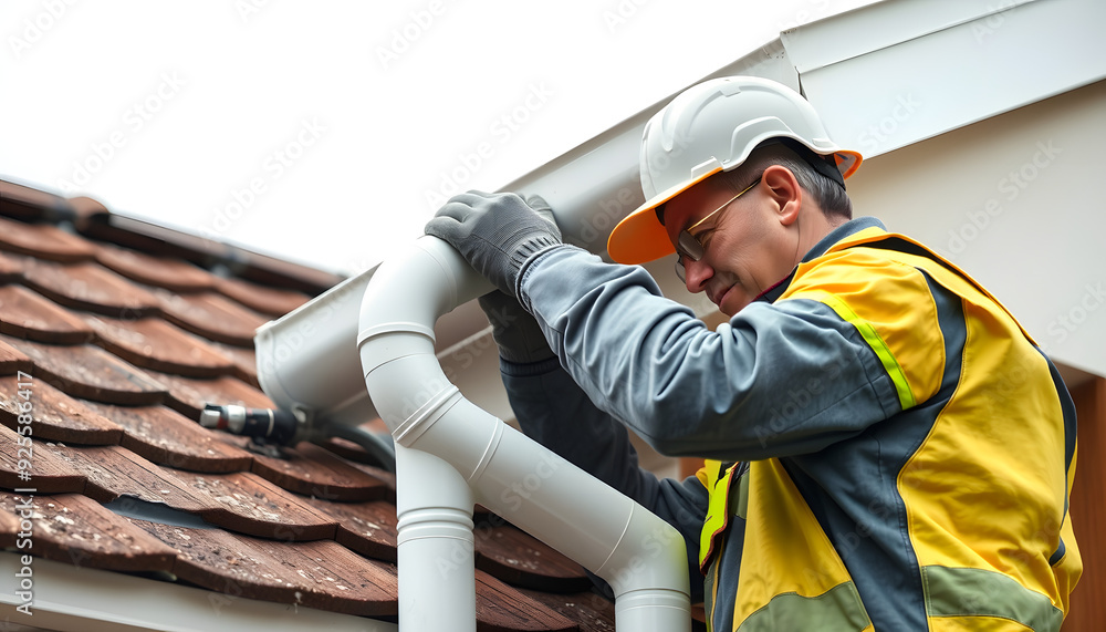 During installation of rain gutters on roofs, worker is fitting ...