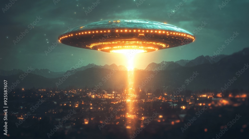 Classic UFO hovering over a small town, with glowing lights and a beam ...