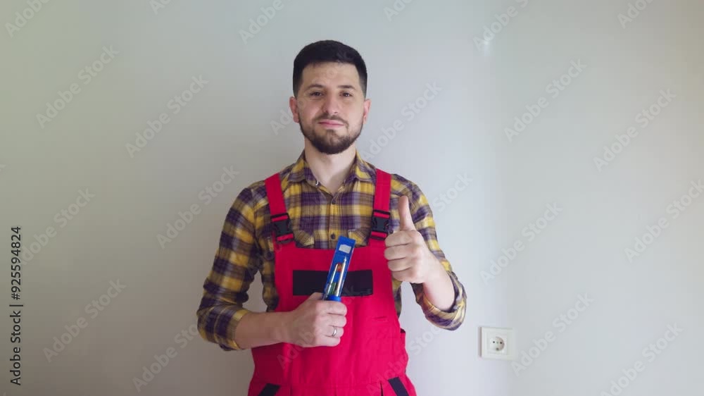 Man installed a wall outlet with the help of a spirit level ...