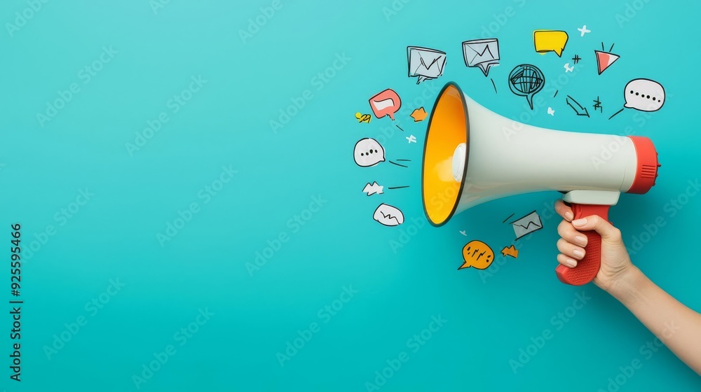 Hand clutching a megaphone, with marketing keywords and icons exploding ...