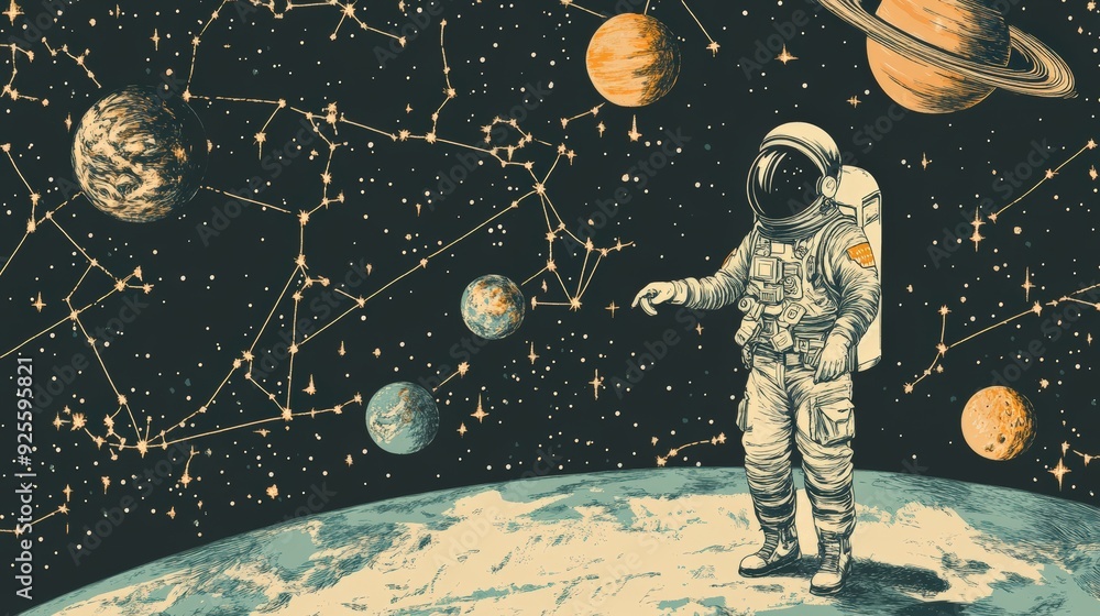 Space explorer navigating a vintage star map, with hand-drawn planets ...