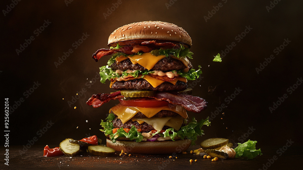 A highly detailed and visually appealing of double cheeseburger in dark ...
