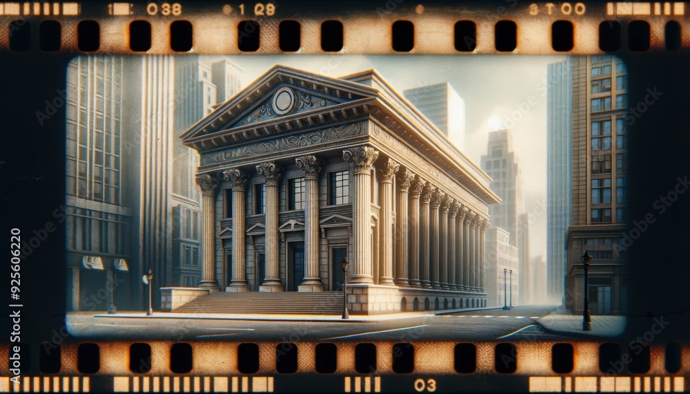 Vintage Banking: A grand, classical bank stands tall amidst a bustling ...
