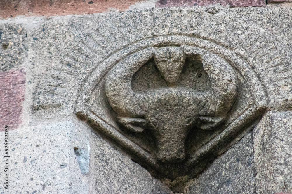 Intricate carvings on the Emir Saltuk Tomb in Erzurum, depicting a bull ...