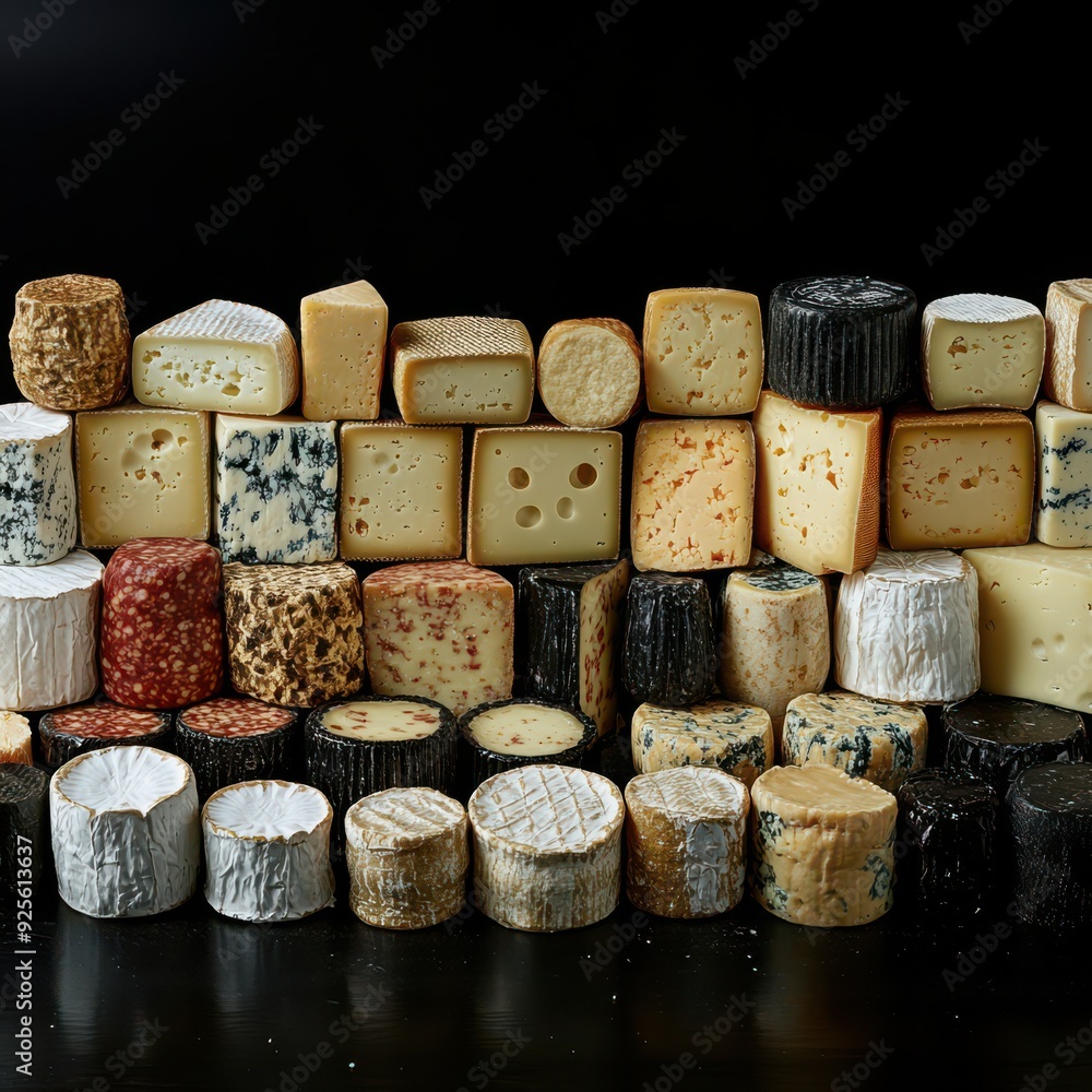 Assortment of Artisan Cheeses on Black Background: Square and Round ...