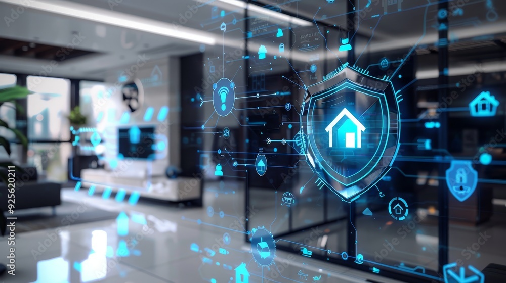 Modern smart home security system interface overlaying a living room ...