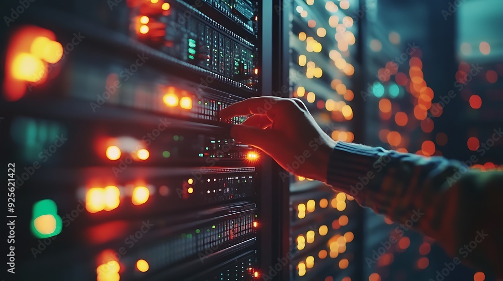 Data Center Technician Adjusting Cables in a Fully Populated Server ...