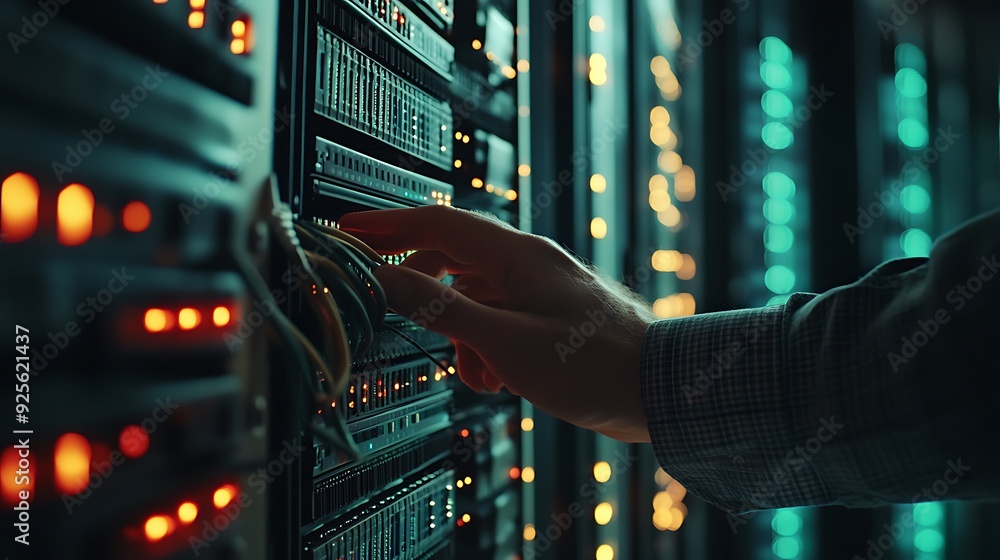 Data Center Technician Adjusting Cables in a Fully Populated Server ...