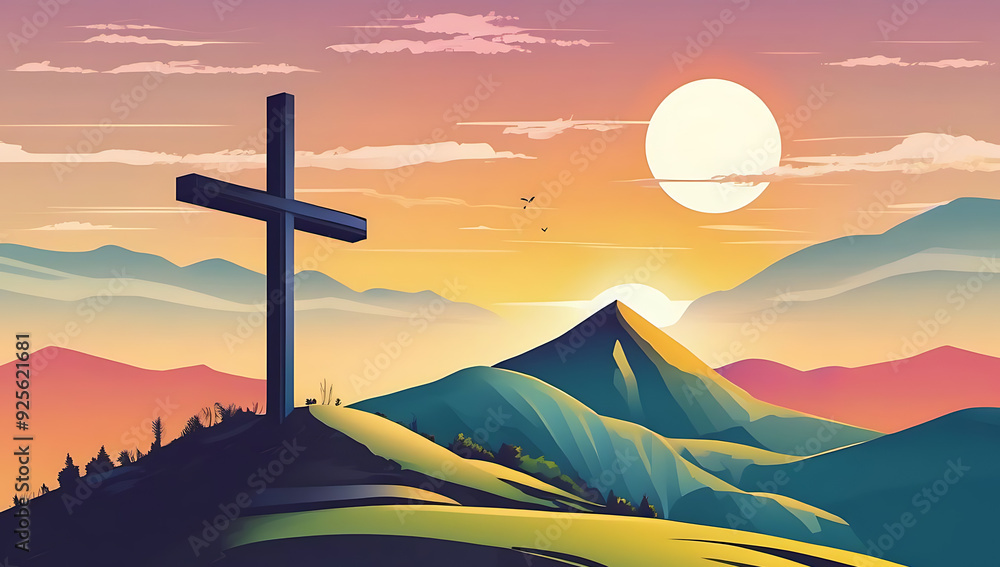 Cartoon colorful Cross on a hill sunrise Christian faith inspirational ...