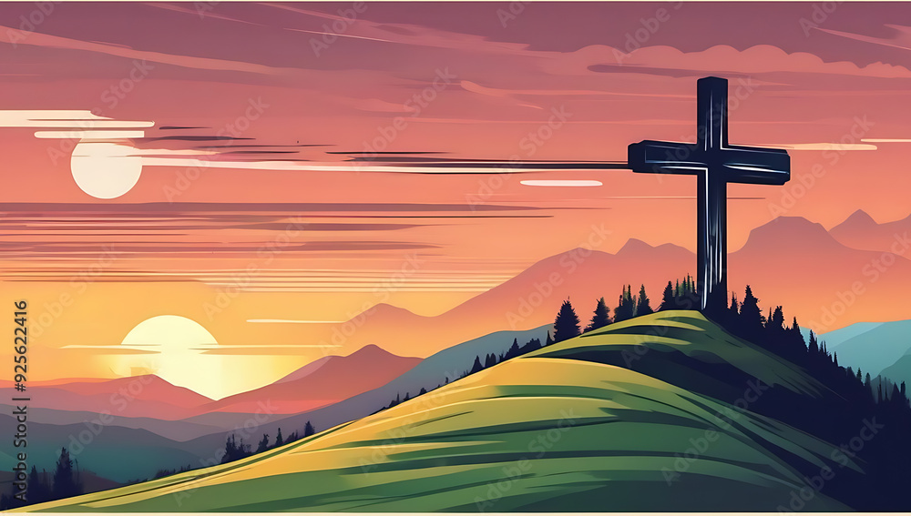 Cartoon colorful Cross on a hill sunrise Christian faith inspirational ...