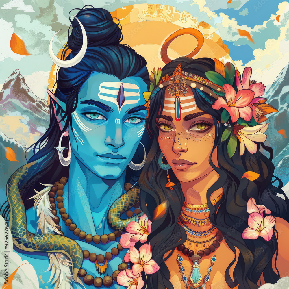 Shiva and Parvati, Shiva with blue skin and white stripes on his face ...