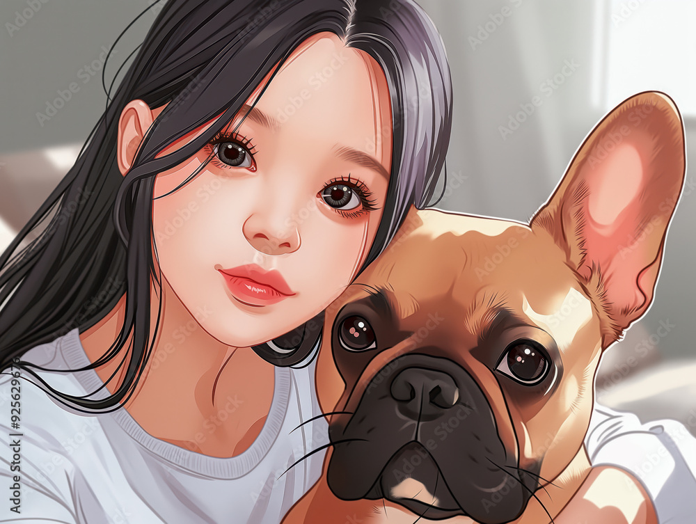 Adorable Anime-Style Girl Hugging Her French Bulldog Pet Dog in a Cozy ...