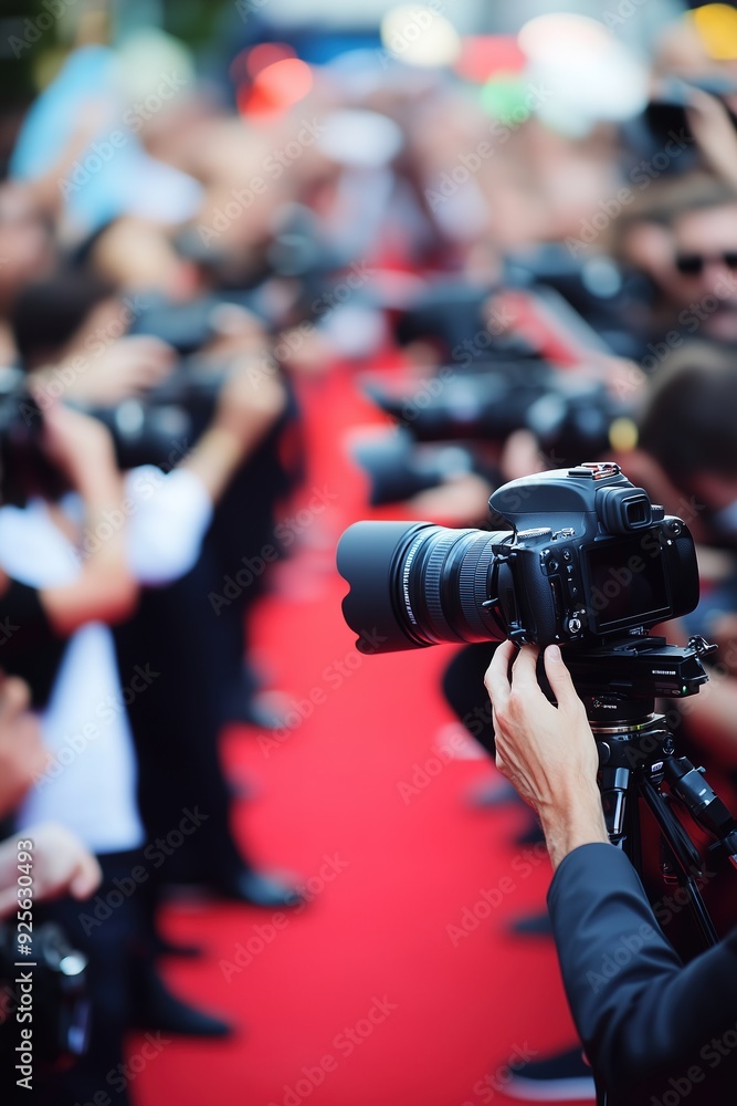 Photographers line up on the red carpet, capturing moments at a high ...