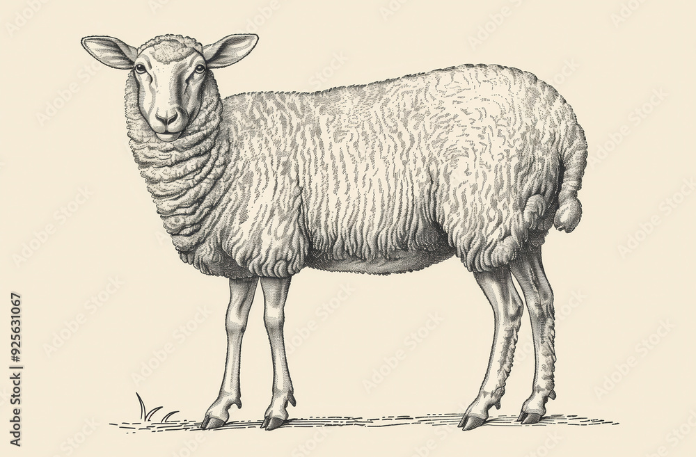 Sheep, lamb. Vintage retro print, black white sheep lamb sketch ink ...