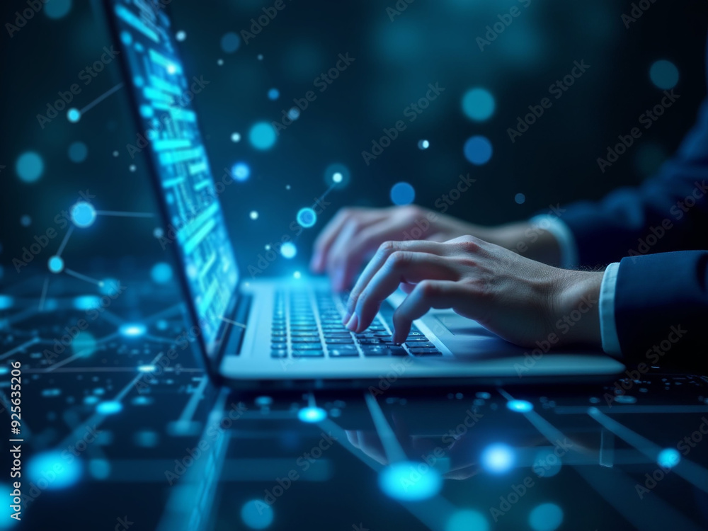 Professional using a laptop in a high-tech environment, surrounded by ...