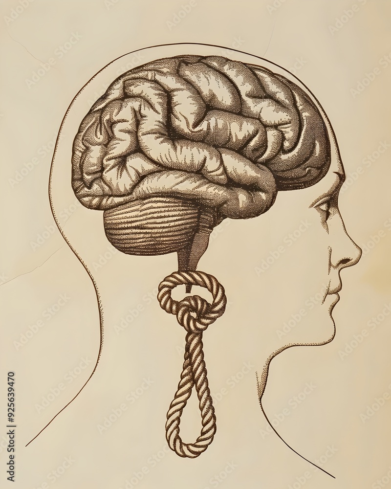 An illustration of a human brain inside a head, with a noose emerging ...