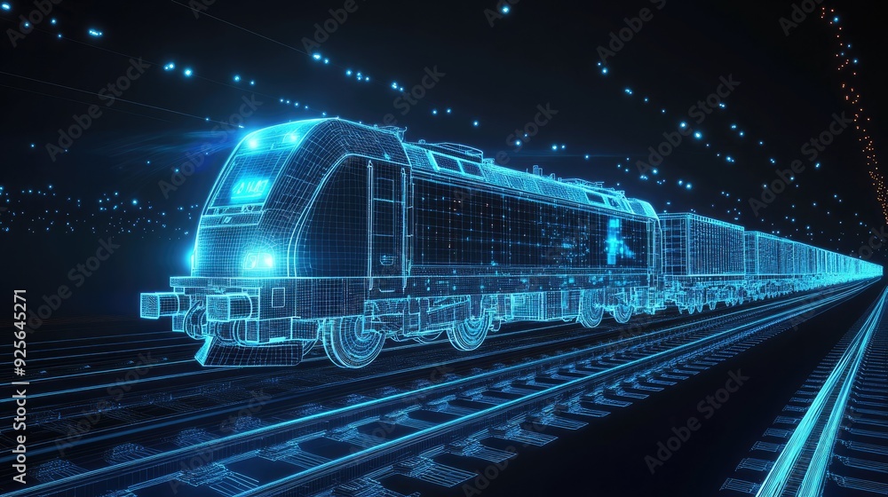 digital train with shining data stream, ai integration into freight ...
